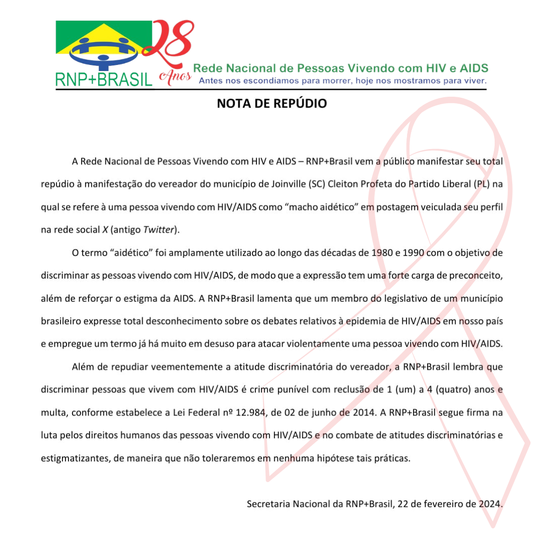 NOTA DE REPÚDIO - RNP+Brasil